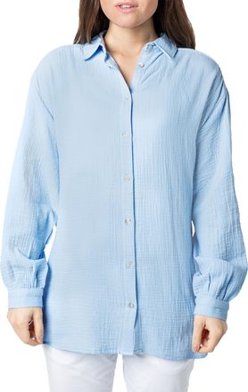 Sublevel Langarm Musselin Bluse mit Kentkragen - Damen Muselin Oversize Bluse, Baumwolle, Knopfleiste in verschienden Farben light-blue L/XL