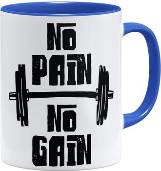 OM3 No Pain No Gain Fitness Kaffee-Tasse mit Spruch - Keramik Becher - 11oz 325ml - Beidseitig Bedruckt - Blau