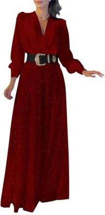 Onsoyours Femmes Combinaison Jumpsuit Élégant Paillettes Manches Longues Playsuit Couleur Unie Long Pantalon Cocktail Soirée Cérémonie Romper avec Ceinture A Vi