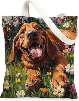 Generic Sac fourre-tout en toile motif chien de l&eacute;vrier printanier 33 x 38,1 cm, motif fleurs color&eacute;es, sac d&eacute;picerie r&eacute;utilisable pour femme, animal de compa