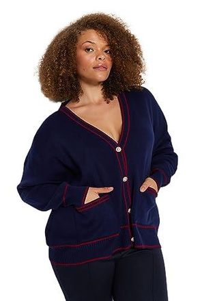 Trendyol Cardigan rayé à Manches Longues décontracté pour Femme Grande Taille Sweater, Bleu Marine/Rouge, 5XL