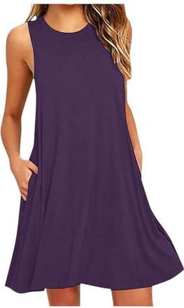 Generic Robe Ete Femme sans Manche Sexy Col Rond Couleur Unie Casual Grande Taille Midi Robes Chic et Elegant avec Poches Pas Cher Léger Fluide Dress pour Pla