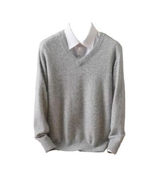 Generic Pull en cachemire uni à col en V pour homme - Pull décontracté à manches longues en tricot, gris clair, XXL