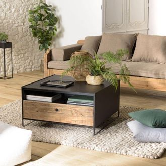 Macabane Macabane - dandy - Table basse noire 80x80cm 1 tiroir bois Pin recycl&eacute; et m&eacute;tal