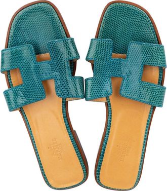 Herm&egrave;s Sandalen - Hermes Bleu Lizard Leather Oran Sandals (36) - Gr. ONE_SIZE - in Blau - f&uuml;r Damen