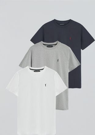 Polo Club Dreierpack Herren-T-Shirts marineblau, wei&szlig; und grau meliert mit Rundhalsausschnitt und gesticktem Rigby Go-Logo