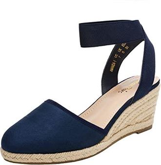Dream Pairs Sandales Compensées pour Femmes Bout Ouvert Bride à la Cheville Espadrilles Sandale à Talon Compensé Été Classique Marine Amanda-1 Taille 38.5