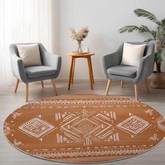 Generic Couleur Rouille Tapis Rond Boh&eacute;mien - 180 cm Lavable Doux et antid&eacute;rapant Tapis, Minimaliste Vintage Lignes Impression pour Chambre &agrave; Coucher Salon Ve