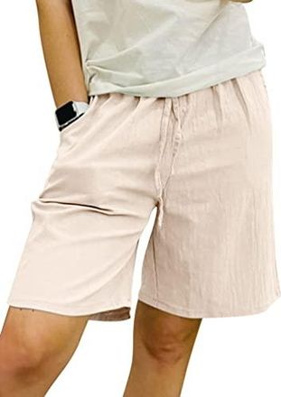 Minetom Short Femme Coton Lin Pantalon Court Taille Haute Shorts Décontracté dété Plage Sport Léger Bermuda Pantalon avec Poches A Beige XL