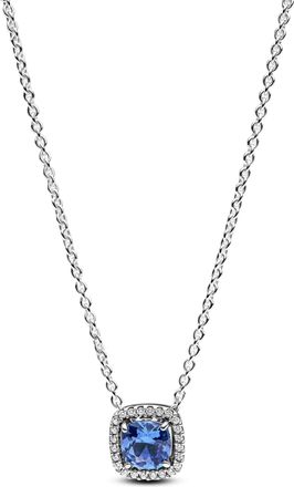 Pandora Timeless Funkelnder Eckiger Blauer Strahlenkranz-Halsketten- Anhänger aus Sterling Silber mit Zirkonia, Größe 45cm, 393560C01-45
