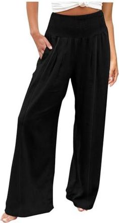 Generic Pantalon de plage en lin &eacute;lastique taille haute avec poches pour femme, Noir, 3XL