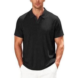 Generic Polo tricot&eacute; c&ocirc;tel&eacute; pour homme avec col en V et manches courtes - Col &agrave; revers - Coupe d&eacute;contract&eacute;e - Confortable - V&ecirc;tements de sport pour homme - Ca