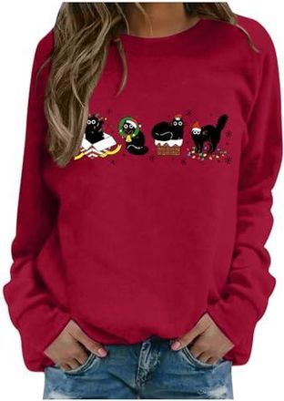 Generic Pulls de No&euml;l Pulls Chat de No&euml;l Sweatshirts Chat Noir Lumi&egrave;res de No&euml;l Chemise Col Rond Pull de Vacances Pull Sweater &agrave; Manches Longues Chemisier Col