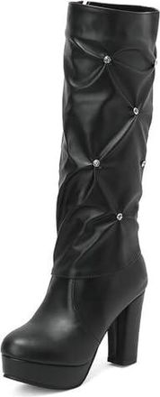 Generic Bottes &agrave; talon haut pour femme avec semelle compens&eacute;e et bout rond - Fermeture &eacute;clair lat&eacute;rale - Strass - &Eacute;l&eacute;gantes et d&eacute;contract&eacute;es, Noir, 39.5 EU