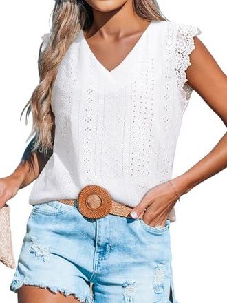 Cupshe D&eacute;bardeur d&eacute;t&eacute; sans manches avec col en V et bordure en dentelle pour femme, blanc, S