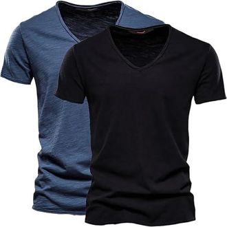 Generic Lot de 2 t-shirts unis pour homme, col en V, respirant, manches courtes, coupe droite, coupe droite, en coton, pour les loisirs, d, 5XL