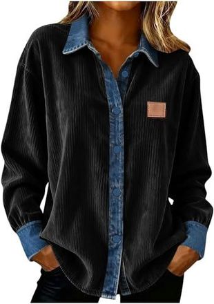 Generic Chemise en jean boutonn&eacute;e pour femme, col &agrave; revers vintage, patchwork en velours c&ocirc;tel&eacute;, chemise de printemps surdimensionn&eacute;e et l&eacute;g&egrave;re, veste en jean