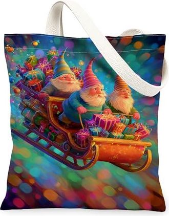 Generic Sacs fourre-tout en toile avec motif de nain de No&euml;l, sacs de courses r&eacute;utilisables, vintage, l&eacute;gers, lavables, multicolore, 13x15 Inch