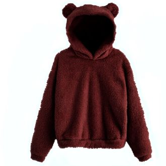 Generic Teddy Fleece Hoodie Damen mit B&auml;ren Ohren Kapuze Cute Langarm Pullover Einfarbig Sweatshirt Cozy Pl&uuml;sch Kapuzenpullover Warm Pulli Kawaii Fleecepulli 