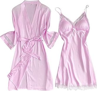 Generic Chemise de nuit sans manches en satin pour femme, chemise de nuit 2 pi&egrave;ces, chemise de nuit luxueuse et sophistiqu&eacute;e, chemise de nuit d&eacute;contract&eacute;e et 