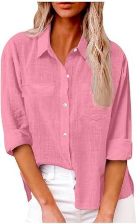 Generic Chemise en lin &agrave; manches longues pour femme 2026 tendance en coton et lin avec col en V, t-shirt ample d&eacute;contract&eacute; pour sortir, v&ecirc;tements avec poches,
