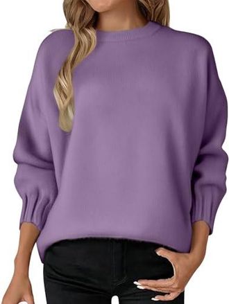 Generic Pull tricoté à col rond pour femme avec joli noeud imprimé pour femme, décontracté, ample, manches longues, vêtements dautomne et dhiver, Z05-violet, 