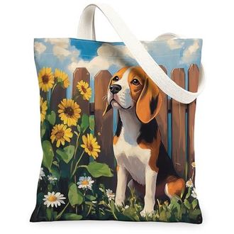 Generic Sac fourre-tout en toile r&eacute;utilisable pour faire du shopping, 33 x 38,1 cm, motif chien beagle printanier, sac d&eacute;picerie r&eacute;utilisable pour femme, ferm