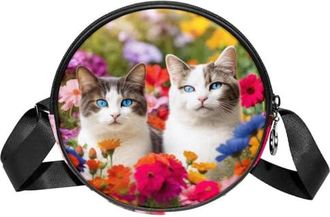 Generic Petit sac &agrave; bandouli&egrave;re rond pour femme, motif chats et fleurs, sac &agrave; dos avec fermeture &eacute;clair, bretelles r&eacute;glables, sac &agrave; main rond d&eacute;contract&eacute; pour