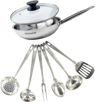 Fackelmann 9440150 Set po&ecirc;le 28 cm en inox 18/8, Couvercle verre et 6 ustensiles inox, Po&ecirc;le tous feux, Po&ecirc;le induction, Po&ecirc;le sans PFAS, Manche rivet&eacute;, Inox, Ve