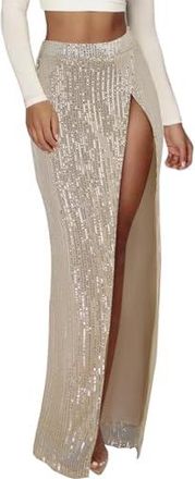 Generic Jupe du Nouvel An &agrave; paillettes pour femme - Jupe &agrave; paillettes dor&eacute;e pour femme - Avec fente - Jupe &agrave; paillettes &eacute;l&eacute;gante - Robe de cocktail sexy - Lon