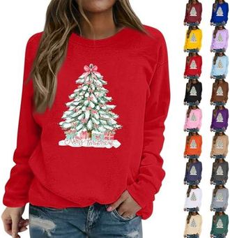 Generic HUIFUAO Sweat-shirt Merry Christmas pour femme avec imprimé sapin de Noël amusant et noeud - Grande taille - Tenue de Noël à manches longues - Pull te