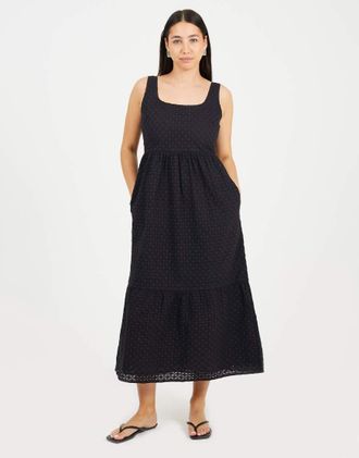 Brave Soul Robe mi-longue sans manches en broderie anglaise avec poches - Noir