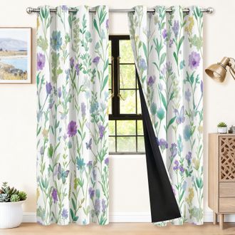 Generic Bedruckte Blickdichte Vorh&auml;nge Wei&szlig; Gr&uuml;n, Pflanzen Wildblumen Bl&auml;tter Schmetterlinge Muster W&auml;rmeisoliert Vorh&auml;nge mit &Ouml;sen - H 183 x B 117 cm (2er Pa