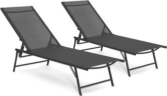 IDMarket Lot de 2 transats de jardin inclinables KAILUA en acier gris anthracite et toile grise
