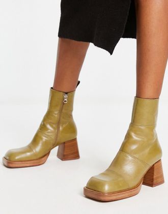 Asos Rhodes - Ankle-Boots in Khaki aus hochwertigem Leder mit Plateausohle-Gr&uuml;n
