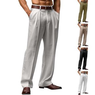 Generic Pantalon de plage classique en coton et lin pour homme - Coupe droite - Pantalon d&eacute;contract&eacute; pliss&eacute; sur le devant - Taille &eacute;lastique - Pantalon chino 