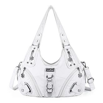 Angel Kiss Women Multiple Pockets Purses and Handbags Washed Leather, Two Top Zippers Closure, White, blanc