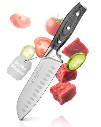 Rösle WOLFGREY Santokumesser klein 15 cm - Ultrascharfes Küchenmesser aus X50CrMoV15-Stahl - Japanisches Allzweckmesser mit Kullenschliff & Pakkaholzgriff -