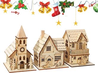 Generic LED-beleuchtete Holzh&auml;uschen - Festliche Weihnachtsszene, Weihnachtsh&auml;uschen-Set | Festliche Tischdekoration f&uuml;r Kamin, K&uuml;che, Schlafzimmer, B&uuml;ro, Lan