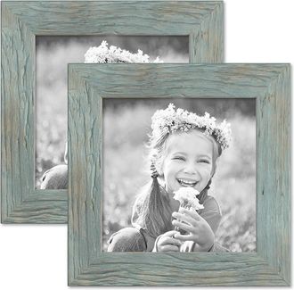 Photolini Bilderrahmen 15x15 cm Holz Blau, 2er Set Echtholz-Rahmen rustikal, Strandhaus, Made in Germany, Echtglas, zum Aufh&auml;ngen & Aufstellen, extra Zubeh&ouml;r - 