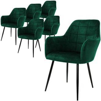 ML Design Ecd Germany Lot de 6 Chaises de Salle &agrave; Manger - Vert Fonc&eacute; - Style R&eacute;tro - Assise Rembourr&eacute;e Aspect Velours - Pieds en M&eacute;tal Noir - avec Dossier et
