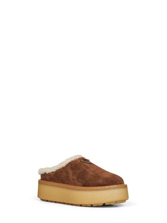 Prada Womens Slippers Suede Cocoa Brown Calf Leather Mules Sandal
