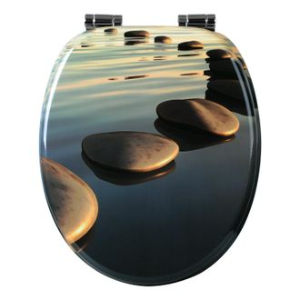 Woltu Premium WC-Sitz Toilettensitz mit Absenkautomatik, MDF Holzkern, Softclose Scharnier, Desgin D&eacute;cor Grau Stone Oval