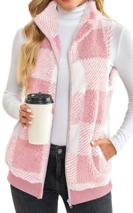 EUDOLAH Damens Fleece Weste mit Reißverschluss im Karo-Muster Warme Steppweste mit Stehkragen in Langer Weiter Passform für Winter und Freizeit(3XL,Pink)