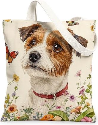 Generic Sac fourre-tout en toile motif chien russell terrier printanier 33 x 38,1 cm, sac d&eacute;picerie r&eacute;utilisable en tissu &agrave; bandouli&egrave;re pour femme, peinture d
