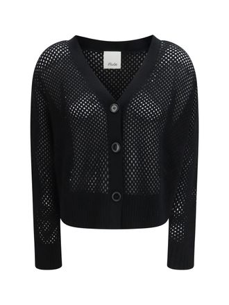 Allude Womens Cardigan V-Neck Buttoned Black Wool (fleece) Sweater