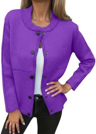 Generico Cardigan en tricot doux et confortable pour femme Cardigan à rayures oversize léger avec boutons à manches longues, violet, XXL