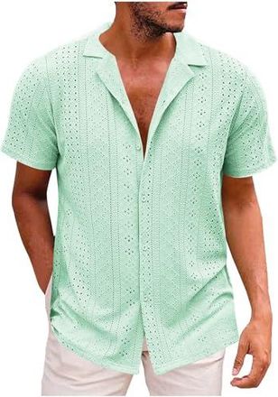 Generic Chemise &agrave; manches courtes en coton et lin pour homme - Col &agrave; revers - Chemise d&eacute;t&eacute; boutonn&eacute;e - Chemise d&eacute;t&eacute; d&eacute;contract&eacute;e - Chemise de plage - Coupe dr