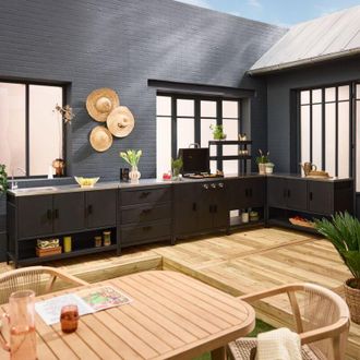 Sweeek Cuisine ext&eacute;rieure 6 modules avec barbecue en acier inoxydable noir