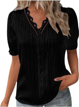 Generic Chemise d&eacute;t&eacute; tendance en dentelle pour femme avec col en V et manches bouffantes - Coupe ample - Style western - Pour le travail - Style d&eacute;contract&eacute; -